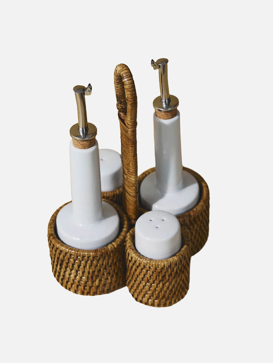 Rattan Oil, Vinegar, Salt, and Pepper Shaker Set